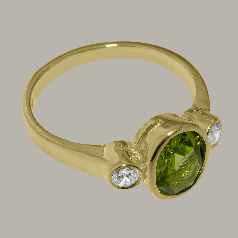 Solid Yellow Gold Natural Peridot & Diamond Womens Trilogy Ring