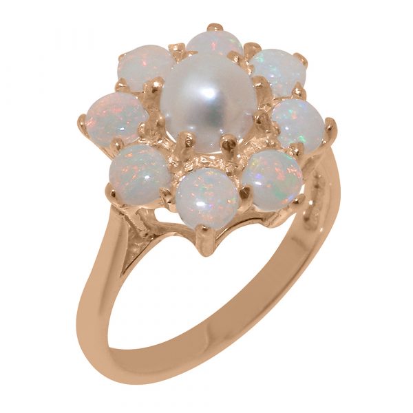 Solid Rose Gold Cultured Pearl & Opal Womens Cluster Ring