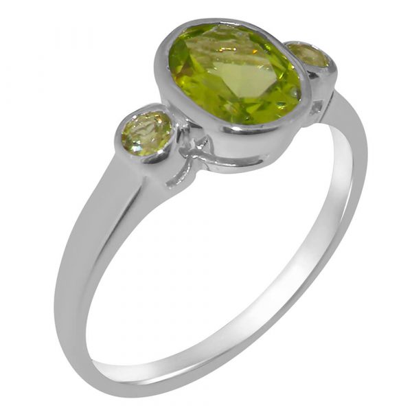 Solid White Gold Natural Peridot Womens Trilogy Ring