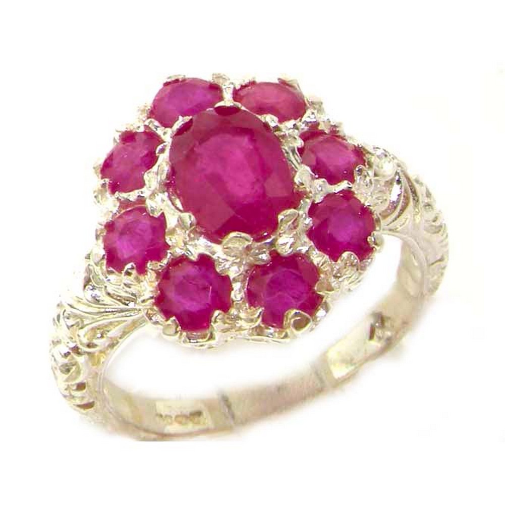 Solid White Gold Natural Ruby Womens Cluster Ring